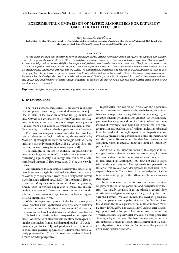 Pdf Experimental Comparison Of Matrix Algorithms For Dataflow Computer Architecture
