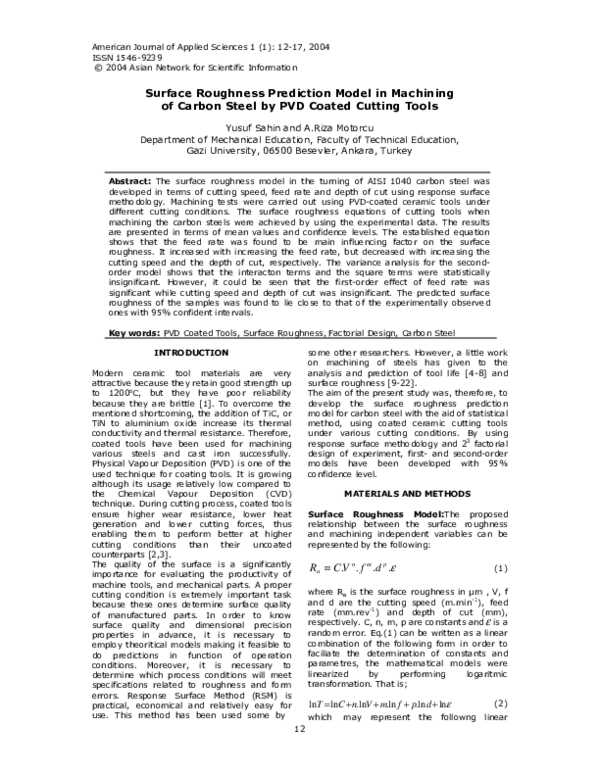 (PDF) Surface Roughness Prediction Model in Machining of Carbon Steel by PVD Coated Cutting Tools
