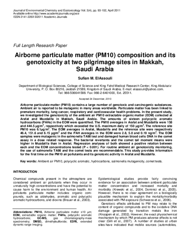 (PDF) Airborne particulate matter (PM10) composition and its genotoxicity at two pilgrimage ...
