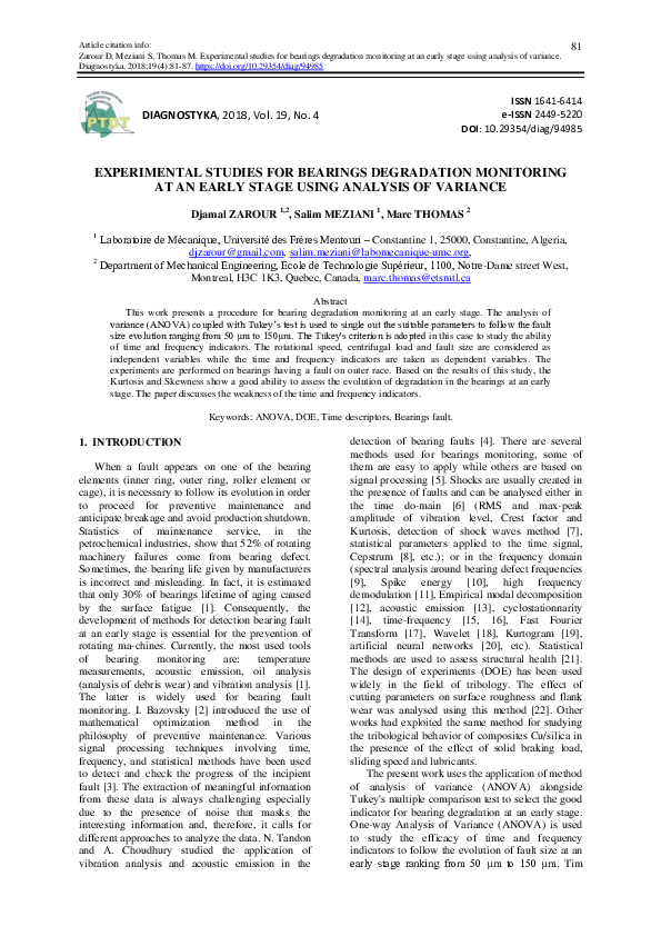 (PDF) Experimental studies for bearings degradation monitoring at an early stage using analysis ...