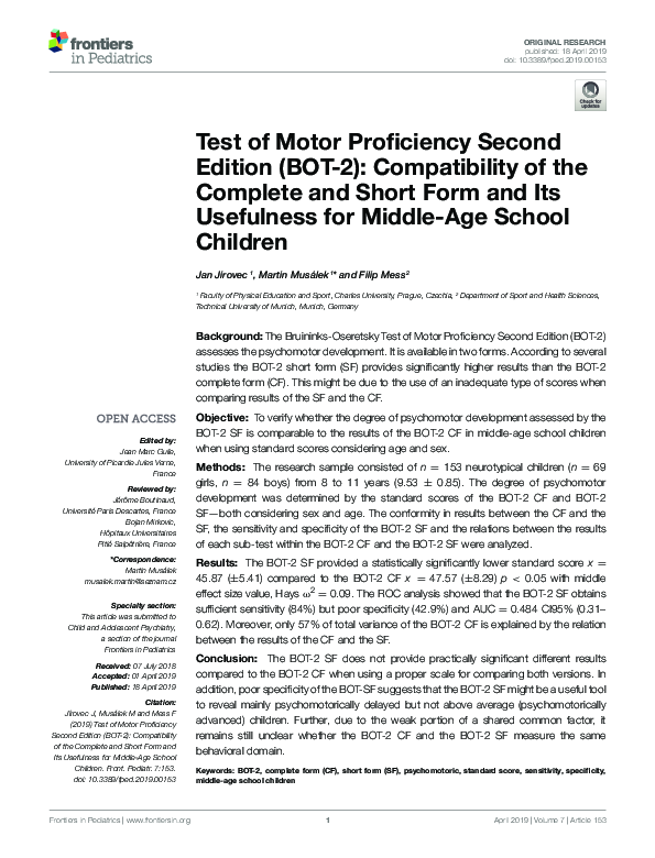 (PDF) Test of Motor Proficiency Second Edition (BOT-2): Compatibility ...