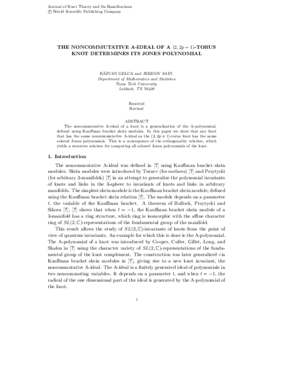 (PDF) THE NONCOMMUTATIVE A-IDEAL OF A (2, 2p + 1)-TORUS KNOT DETERMINES ITS JONES POLYNOMIAL