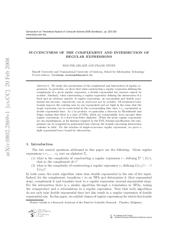 (PDF) Succinctness of the Complement and Intersection of Regular ...