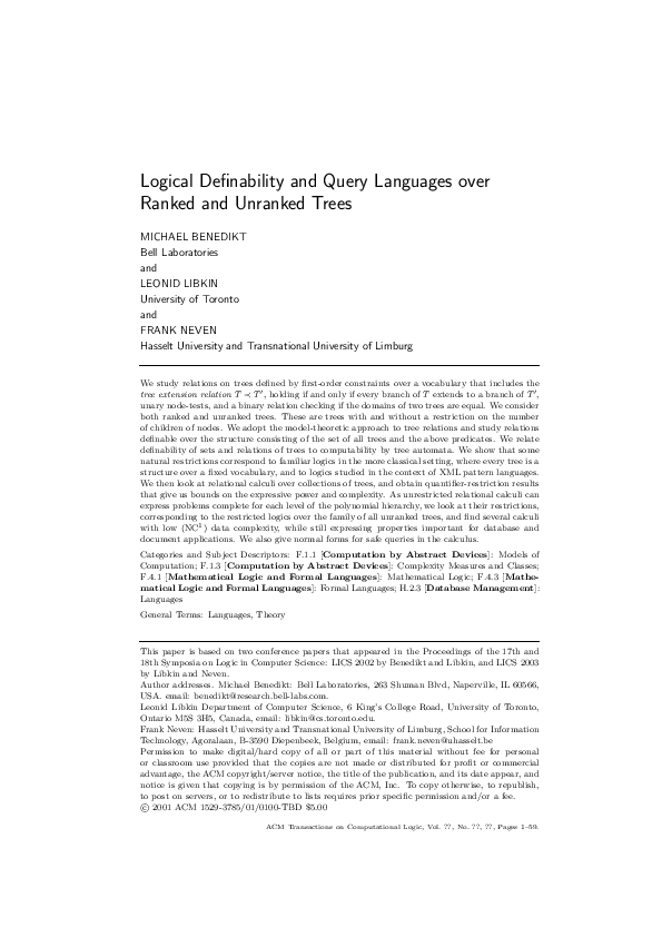 (PDF) Logical definability and query languages over ranked and unranked ...