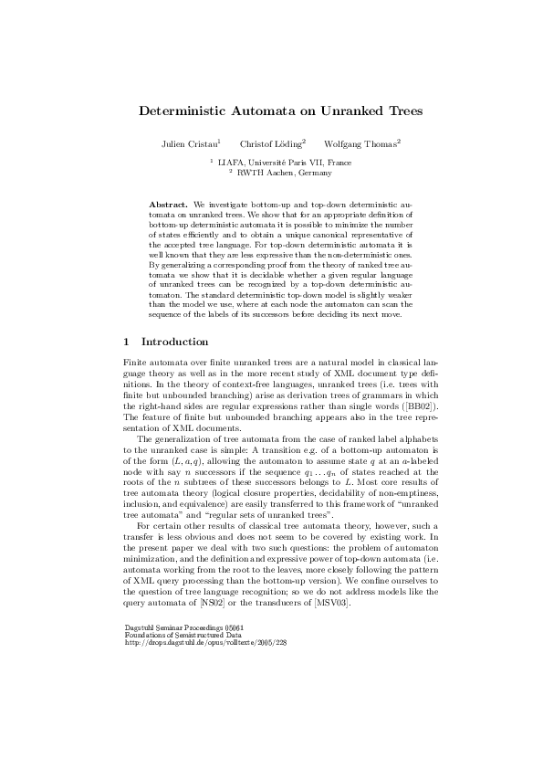 (PDF) Deterministic Automata on Unranked Trees