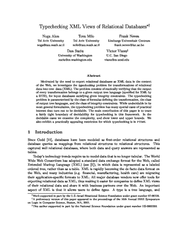 (PDF) Typechecking XML views of relational databases | Frank Neven - Academia.edu