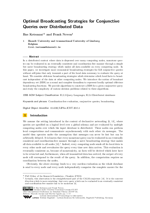 Pdf Optimal Broadcasting Strategies For Conjunctive Queries Over Distributed Data Frank