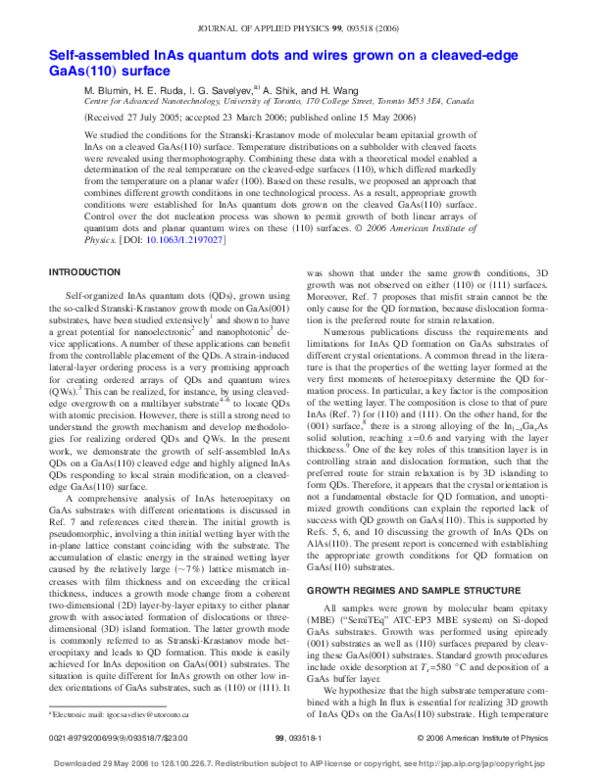 (PDF) Self-assembled InAs quantum dots and wires grown on a cleaved-edge GaAs(110) surface