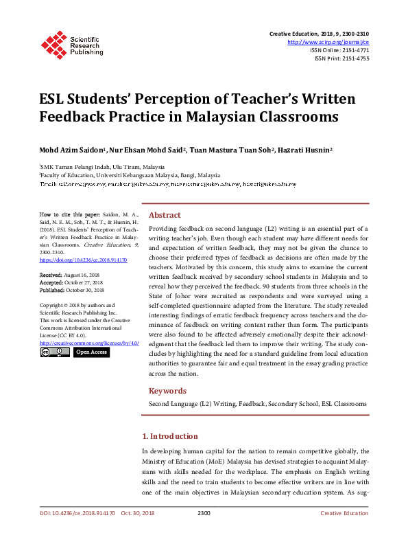 (PDF) ESL Students’ Perception of Teacher’s Written Feedback Practice in Malaysian Classrooms ...