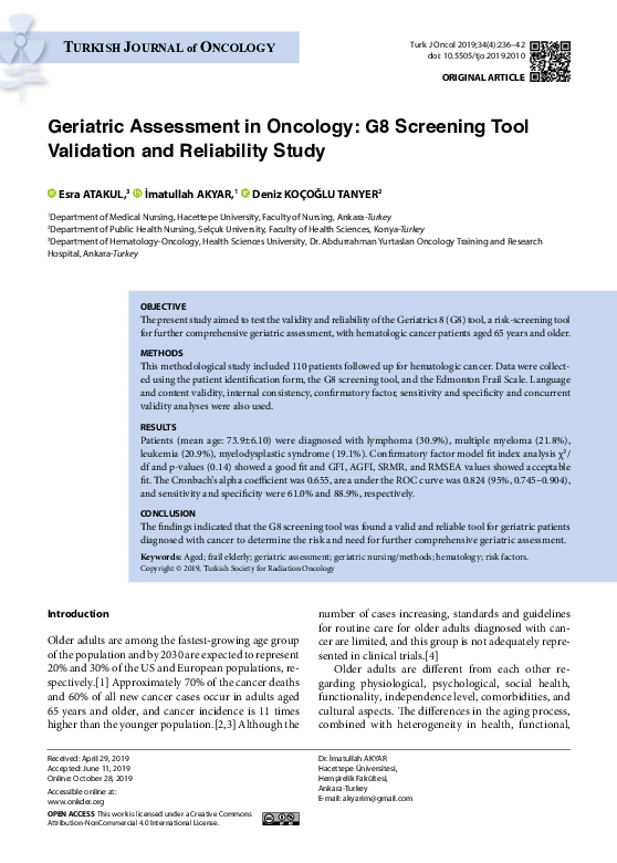 (PDF) Geriatric Assessment in Oncology: G8 Screening Tool Validation ...