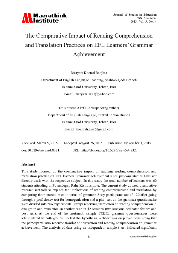 (PDF) The Comparative Impact of Reading Comprehension and Translation ...