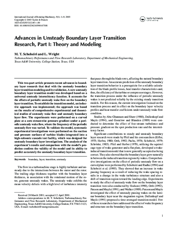 Pdf Advances In Unsteady Boundary Layer Transition Research Part I Theory And Modeling