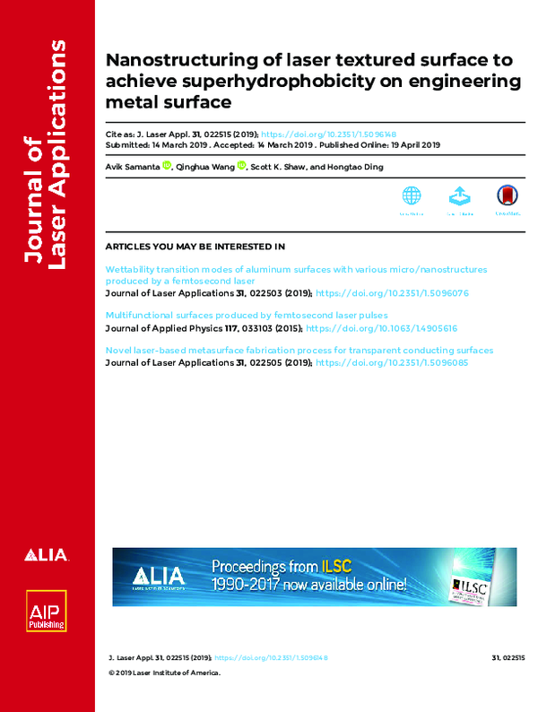 (PDF) Nanostructuring of laser textured surface to achieve superhydrophobicity on engineering ...