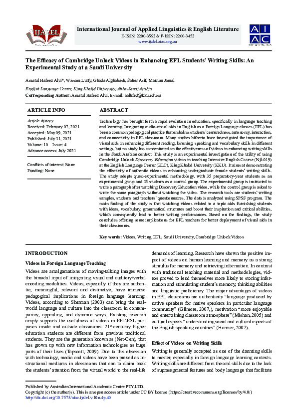 (PDF) The Efficacy of Cambridge Unlock Videos in Enhancing EFL Students' Writing Skills: An ...