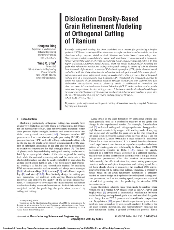(PDF) Dislocation density-based grain refinement modeling of orthogonal cutting of titanium
