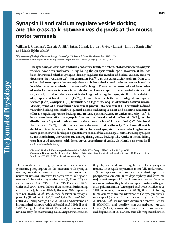(PDF) Synapsin II and calcium regulate vesicle docking and the cross ...