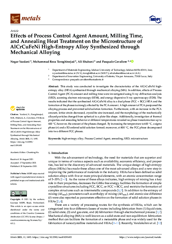 (PDF) Effects of Process Control Agent Amount, Milling Time, and Annealing Heat Treatment on the ...