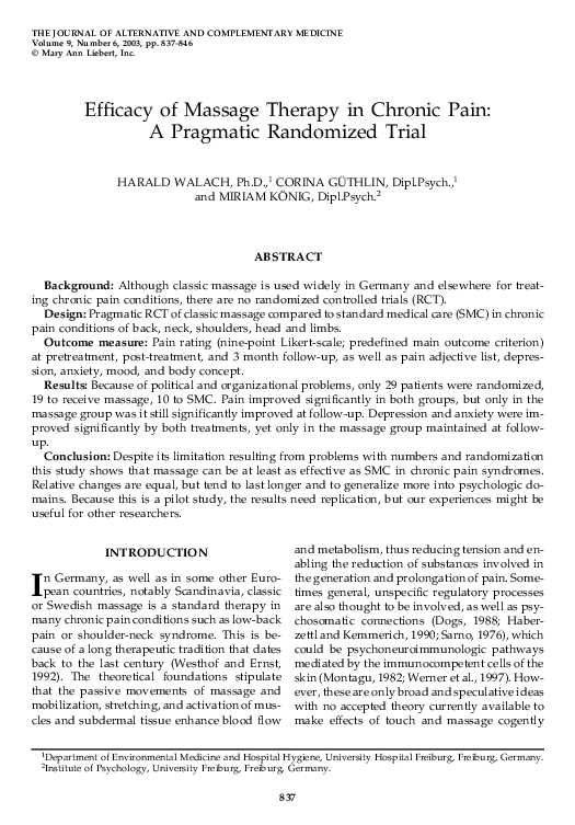 (PDF) Efficacy of Massage Therapy in Chronic Pain: A Pragmatic ...