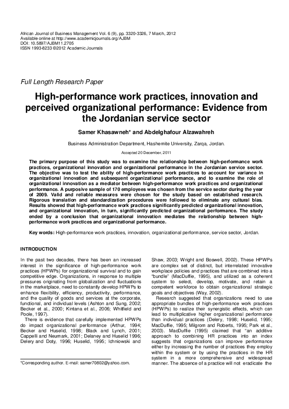 (PDF) High-performance work practices, innovation and perceived ...