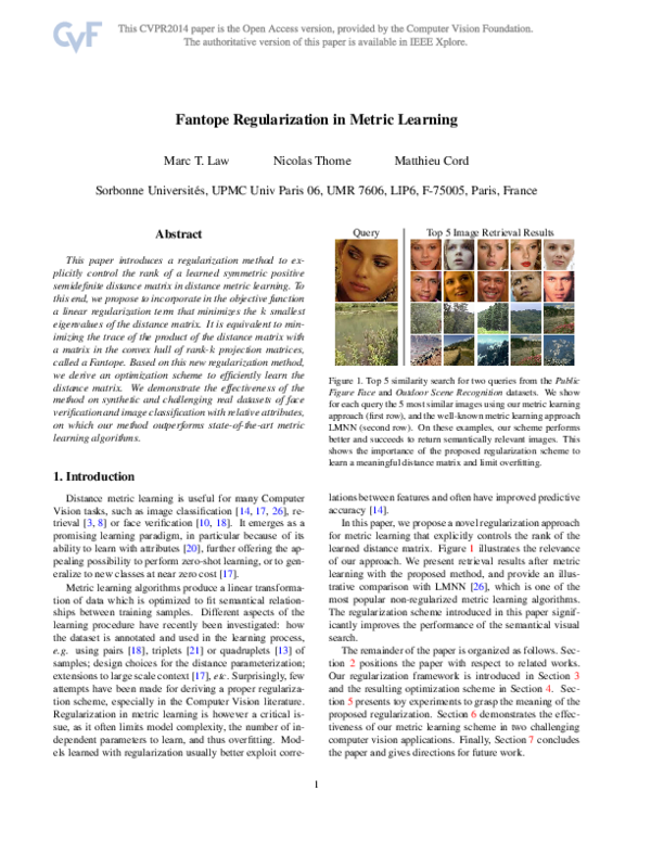 (PDF) Fantope Regularization in Metric Learning