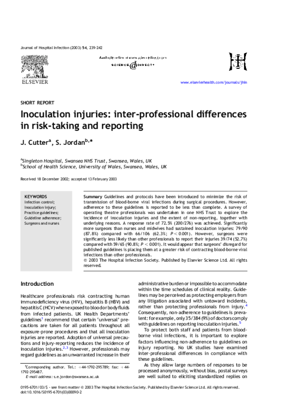 (PDF) Inoculation injuries: inter-professional differences in risk ...