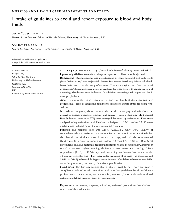 (PDF) Uptake of guidelines to avoid and report exposure to blood and ...