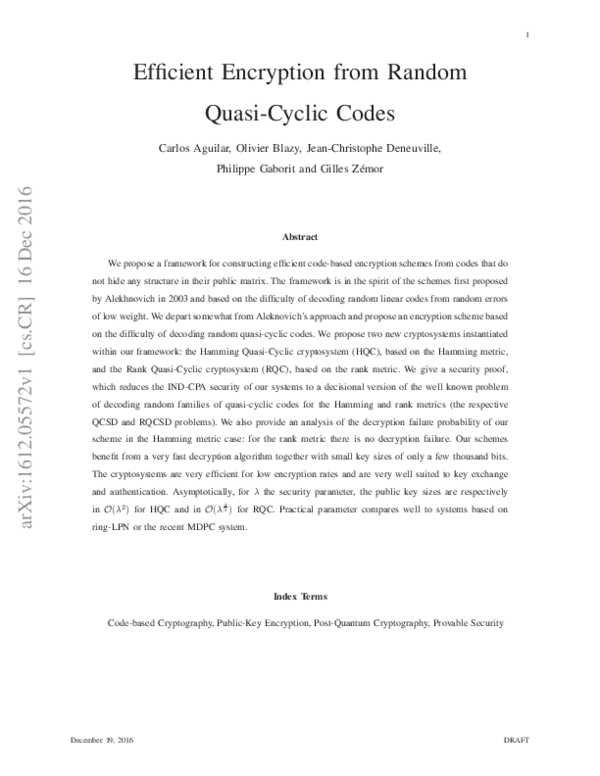 (PDF) Efficient Encryption From Random Quasi-Cyclic Codes