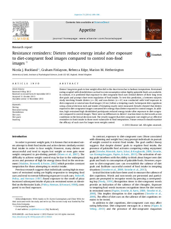 (PDF) Resistance reminders: Dieters reduce energy intake after exposure ...