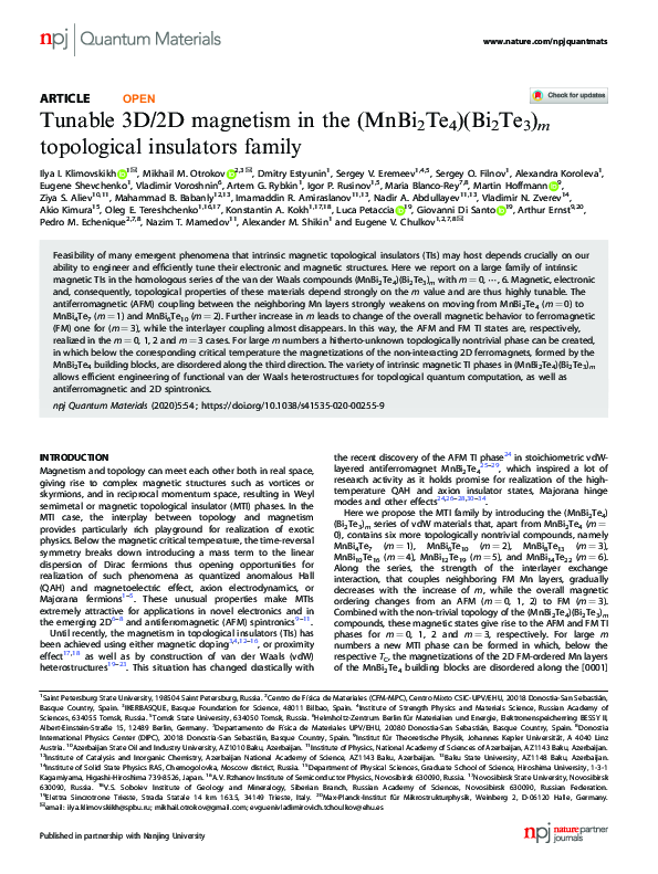 (PDF) Tunable 3D/2D magnetism in the (MnBi2Te4)(Bi2Te3)m topological ...