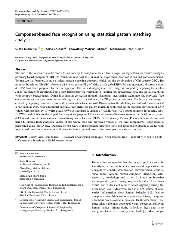 Pdf Component Based Face Recognition Using Statistical Pattern