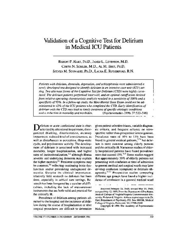 (PDF) Validation of a Cognitive Test for Delirium in Medical ICU Patients