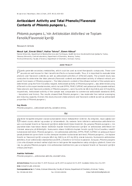 (PDF) Antioxidant Activity and Total Phenolic/Flavonoid Contents of Phlomis pungens L | Emrah ...