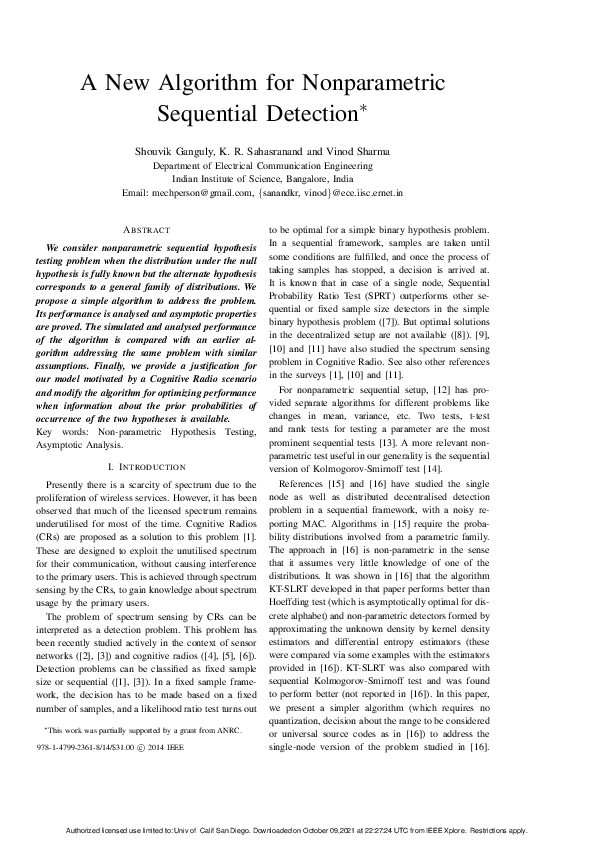 Pdf Nonparametric Sequential Detection Algorithm