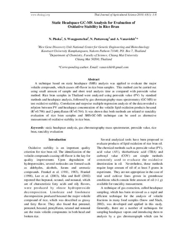 (PDF) Static Headspace GC-MS Analysis for Evaluation of Oxidative Stability in Rice Bran