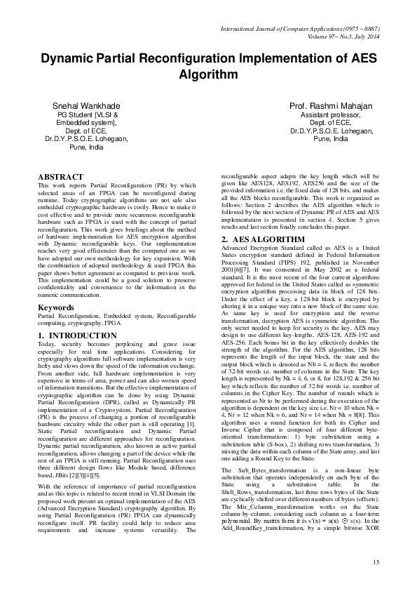 Pdf Dynamic Partial Reconfiguration Implementation Of Aes Algorithm