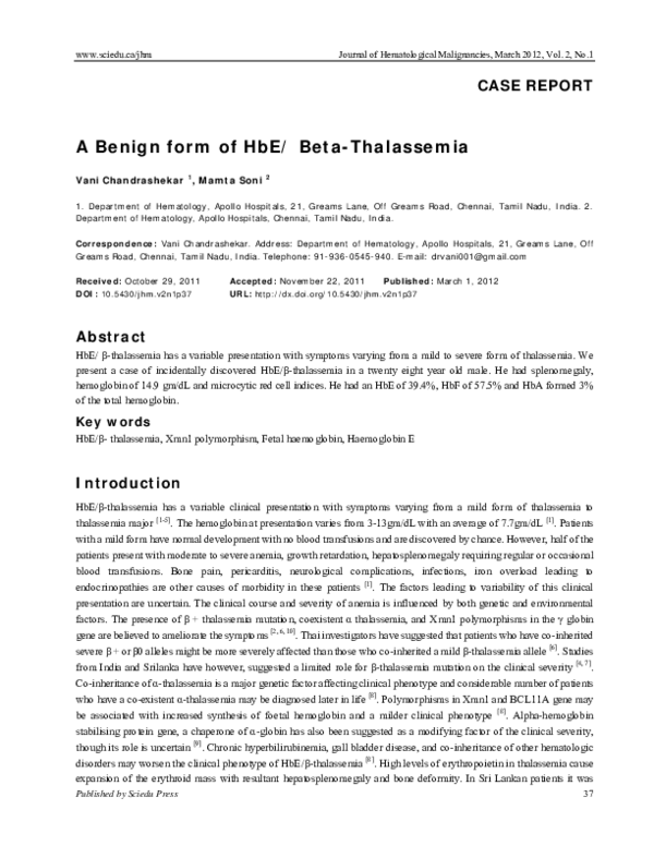 (PDF) A Benign form of HbE/ Beta-Thalassemia