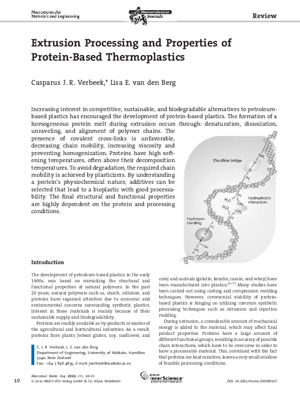 (PDF) Extrusion Processing and Properties of Protein-Based Thermoplastics