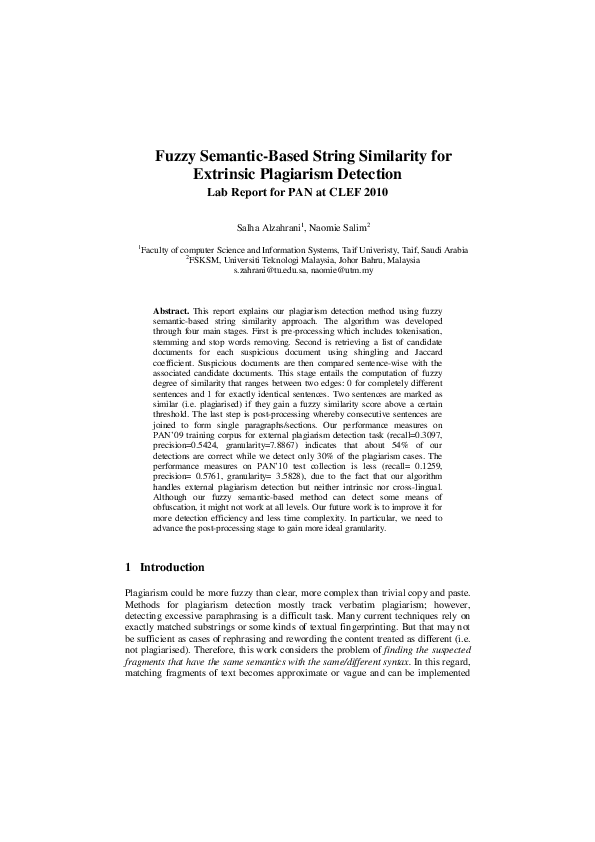 (PDF) Fuzzy Semantic-Based String Similarity for Extrinsic Plagiarism Detection