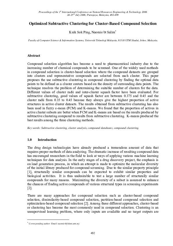 Pdf Optimized Subtractive Clustering For Cluster Based Compound Selection