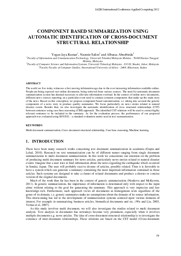 Pdf Component Based Summarization Using Automatic Identification Of Cross Document Structural