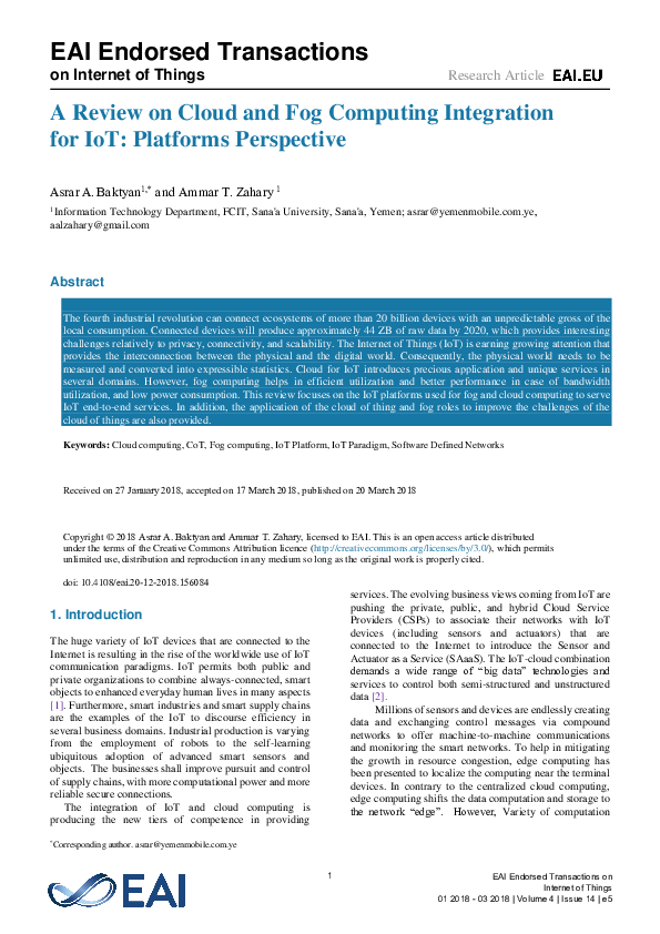 (PDF) A Review on Cloud and Fog Computing Integration for IoT: Platforms Perspective
