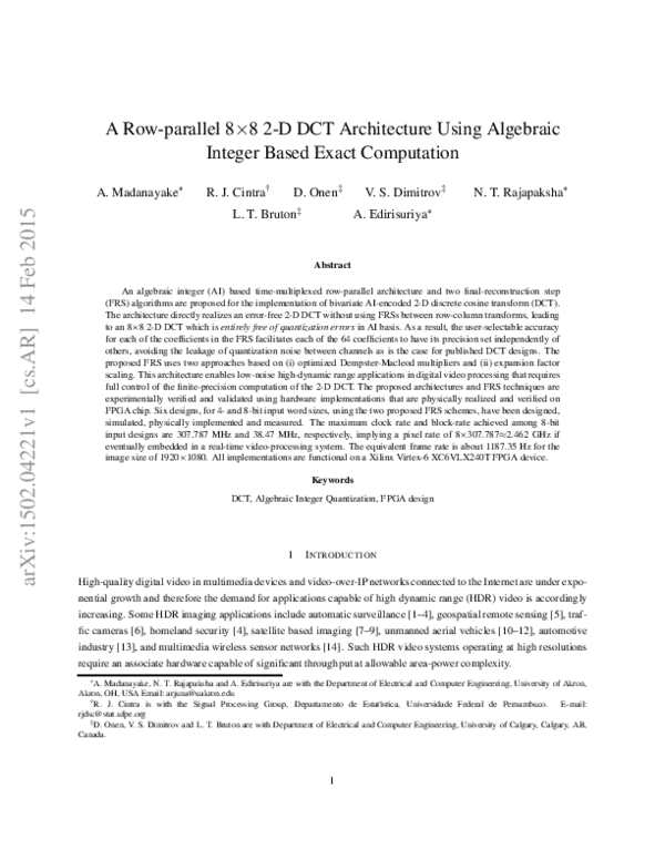 (PDF) A Row-Parallel 8 $\,\times\,$ 8 2-D DCT Architecture Using Algebraic Integer-Based Exact ...