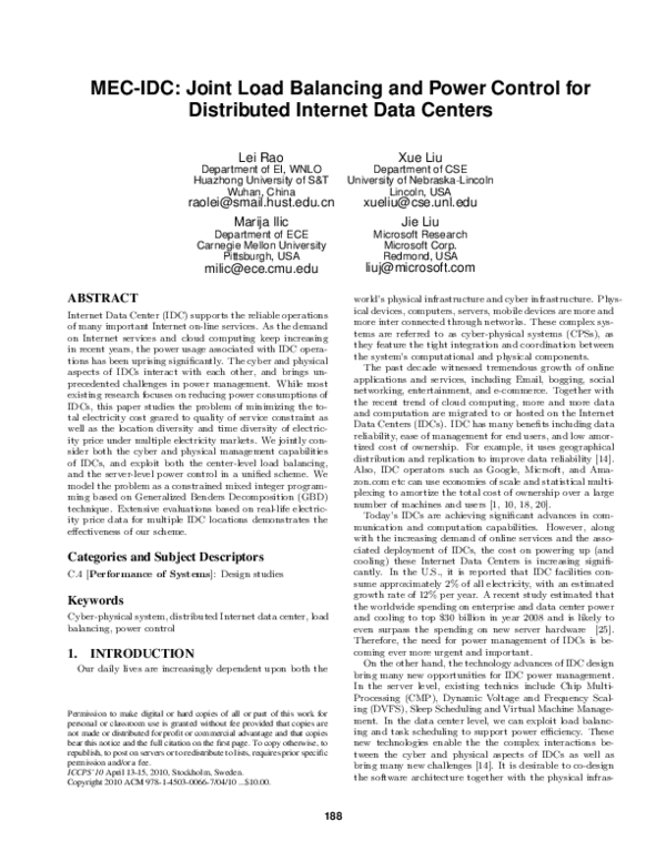 (PDF) MEC-IDC: joint load balancing and power control for distributed ...