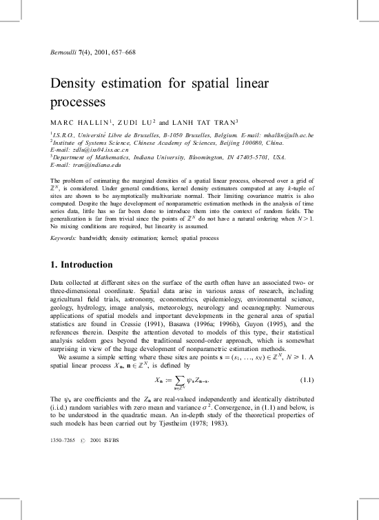 (PDF) Density Estimation for Spatial Linear Processes