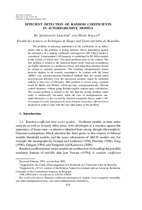 Pdf Efficient Detection Of Random Coefficients In Autoregressive Models