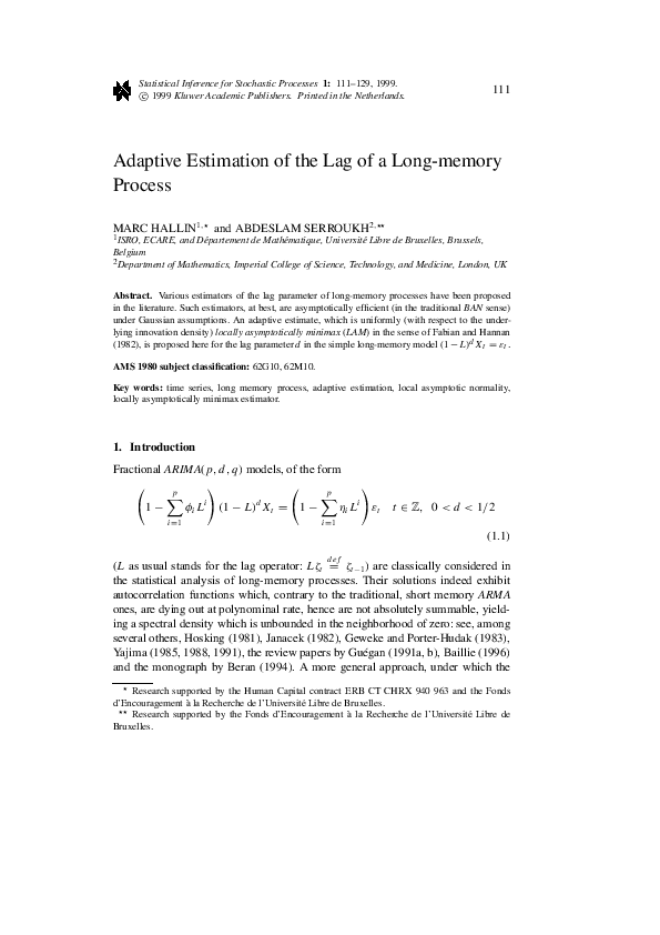 (PDF) Adaptive estimation of the lag of a long-memory process