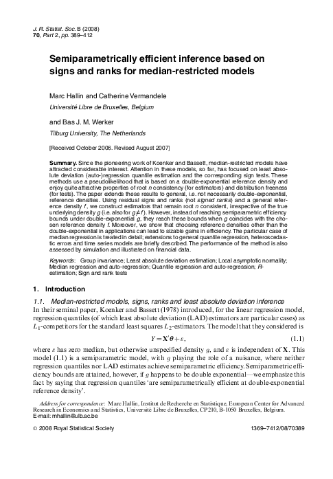 (PDF) Semiparametrically efficient inference based on signs and ranks statistics for median ...