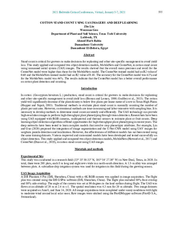 (PDF) COTTON STAND COUNT USING UAS IMAGERY AND DEEP LEARNING