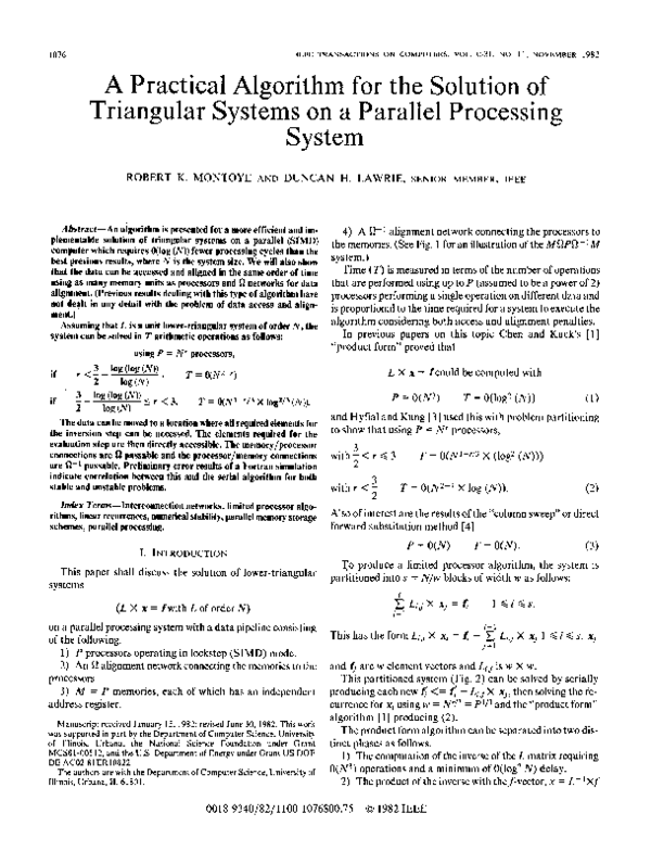 (PDF) A Practical Algorithm for the Solution of Triangular Systems on a Parallel Processing System