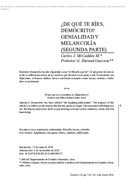 (PDF) DE QUÉ TE RÍES, DEMÓCRITO? GENIALIDAD Y MELANCOLÍA (SEGUNDA PARTE